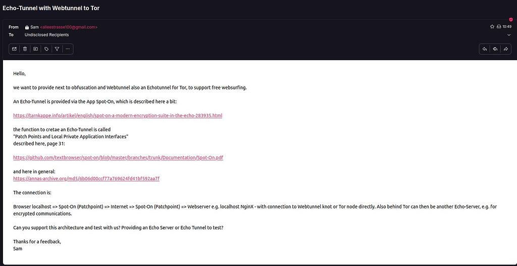 Echo-Tunnel with Webtunnel to Tor is spam or - Support - Tor Project Forum
