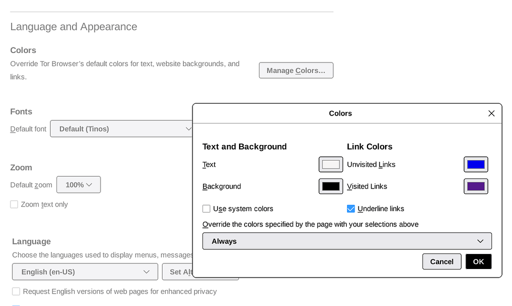 Pages backgrounds still white while changed from colors settings - Tor ...